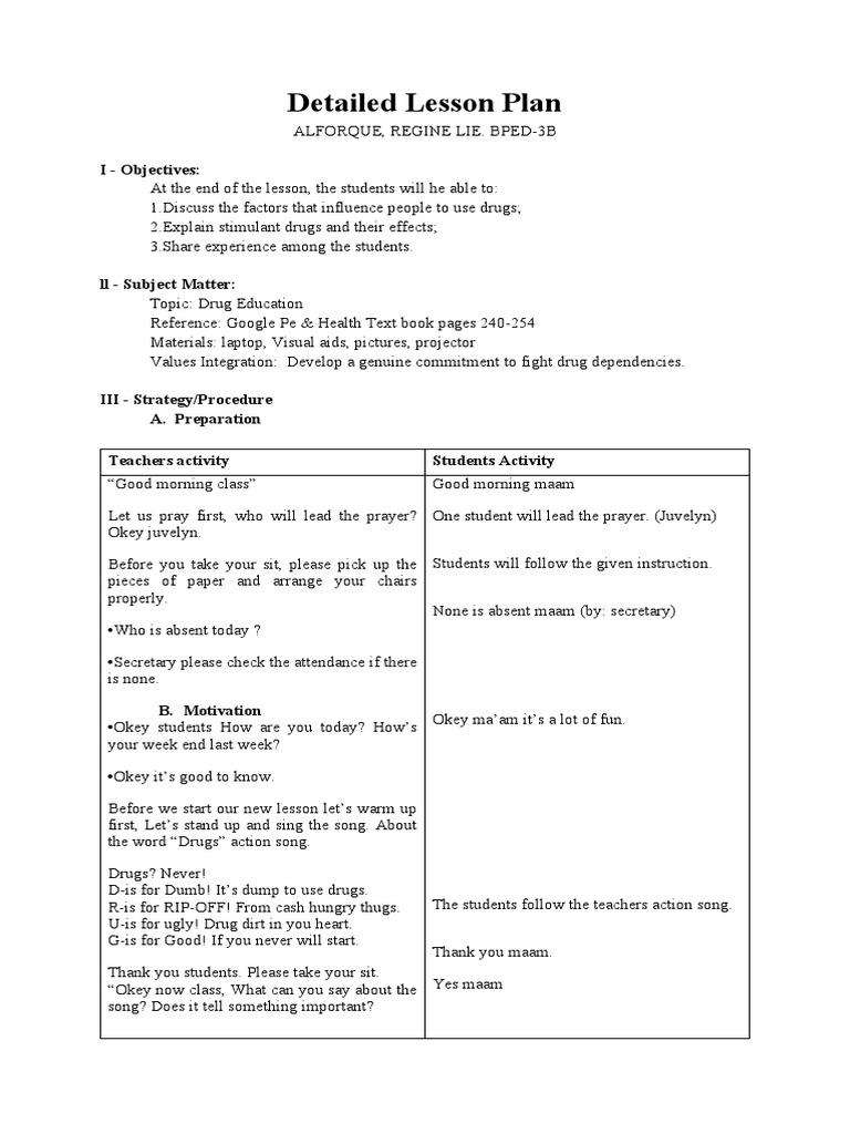 Drug Education Lesson Plan Overview | PDF | Drugs | Lesson Plan