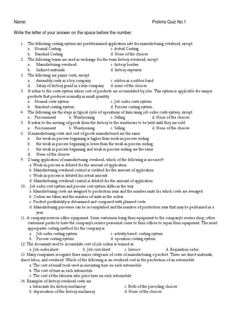 Cost Accounting Quiz No 1docx PDF Free | PDF | Cost Of Goods Sold | Cost