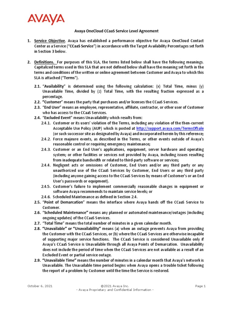 Avaya OneCloud CCaaS SLA 10 6 21 | PDF | Service Level Agreement | Business
