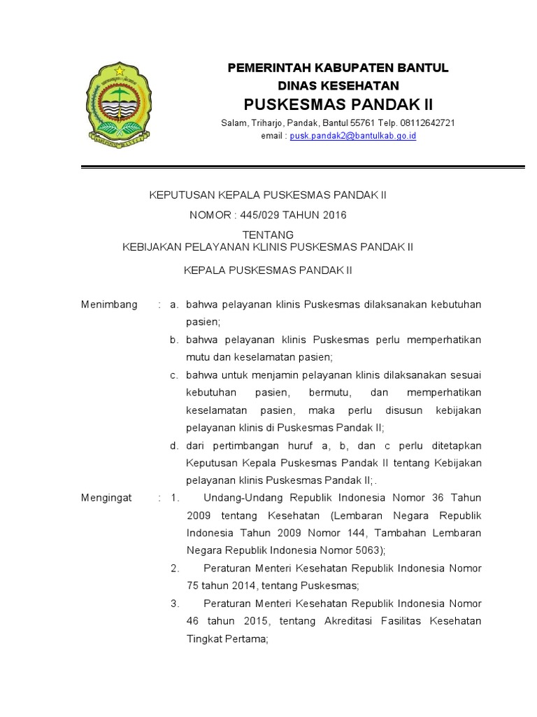 Kebijakan Pelayanan Klinis Puskesmas Pandak II | PDF
