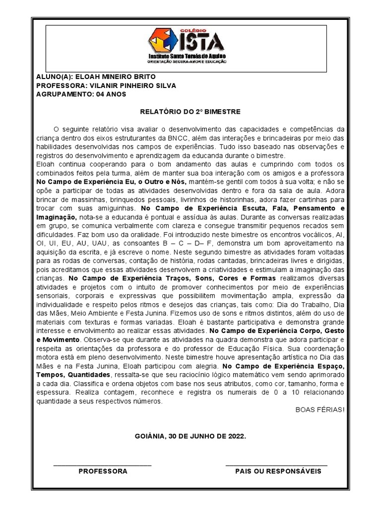 Eloah Relatorio 2° BIMESTRE | PDF