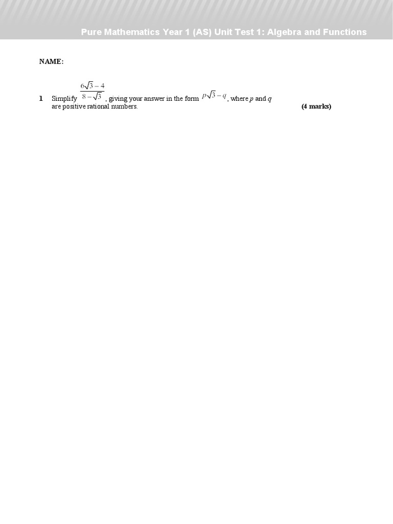 Pure Unit 1 Topic Test FINAL | PDF | Function (Mathematics) | Equations Pure Unit 1 Topic Test FINAL | PDF | Function (Mathematics) | Equations