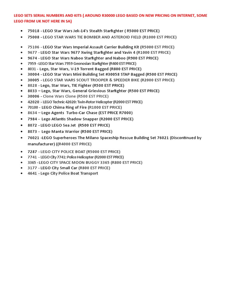 Lego Sets Serial Numbers and Kits | PDF