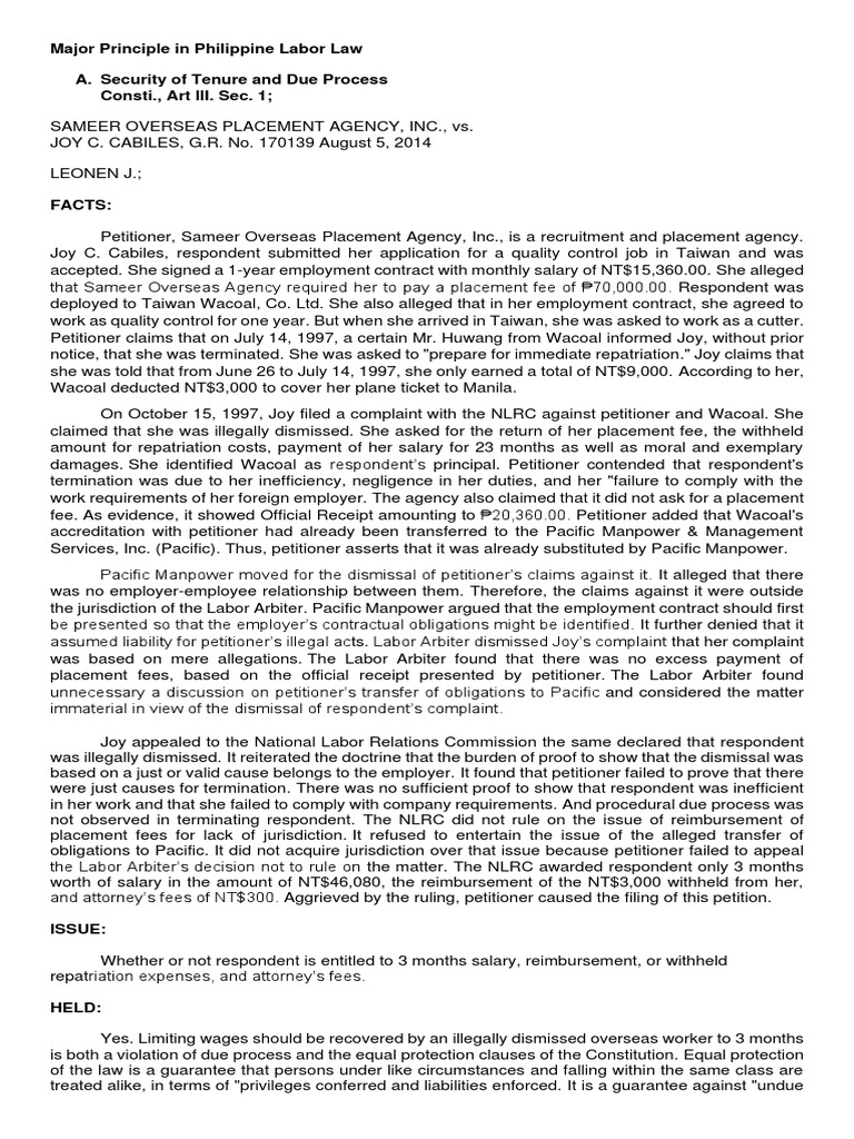 Digest Sameer Overseas Placement Agency vs. Cabiles | PDF | Equal ...