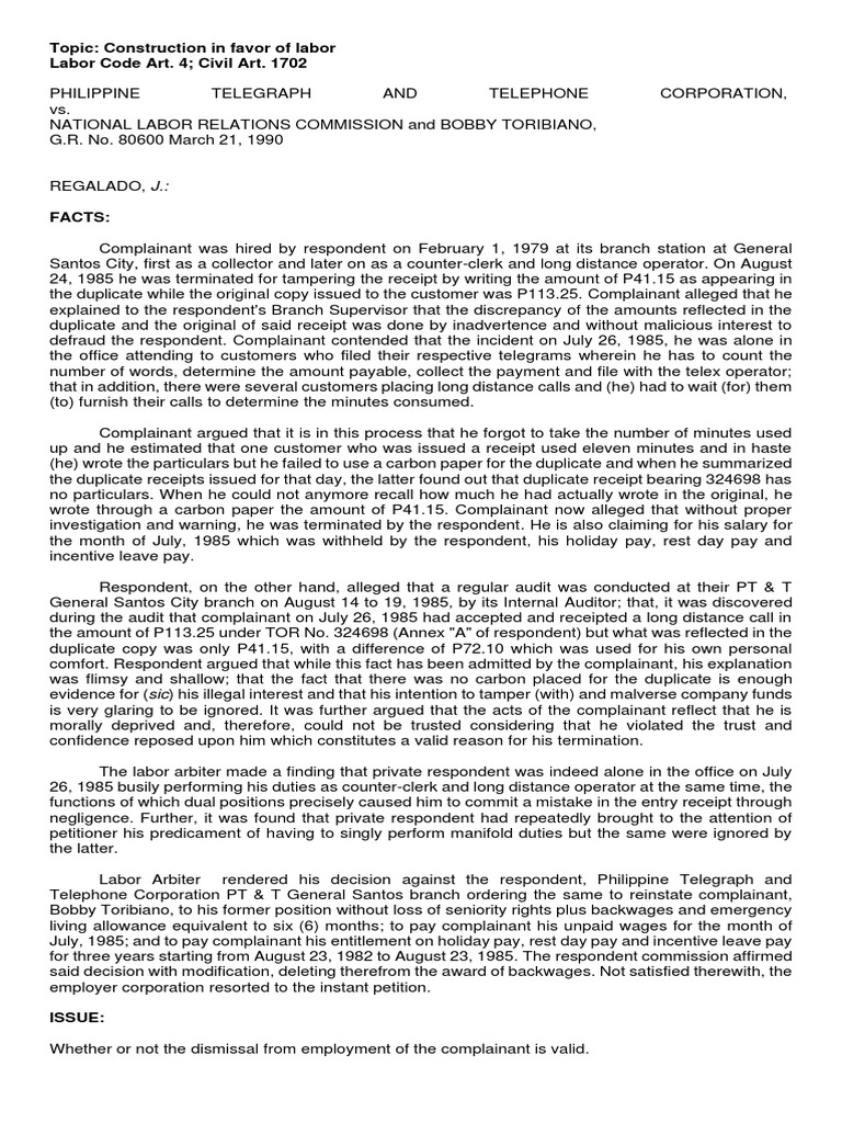 Digest Philippine Telegram and Telephone Corp. vs. National Labor ...