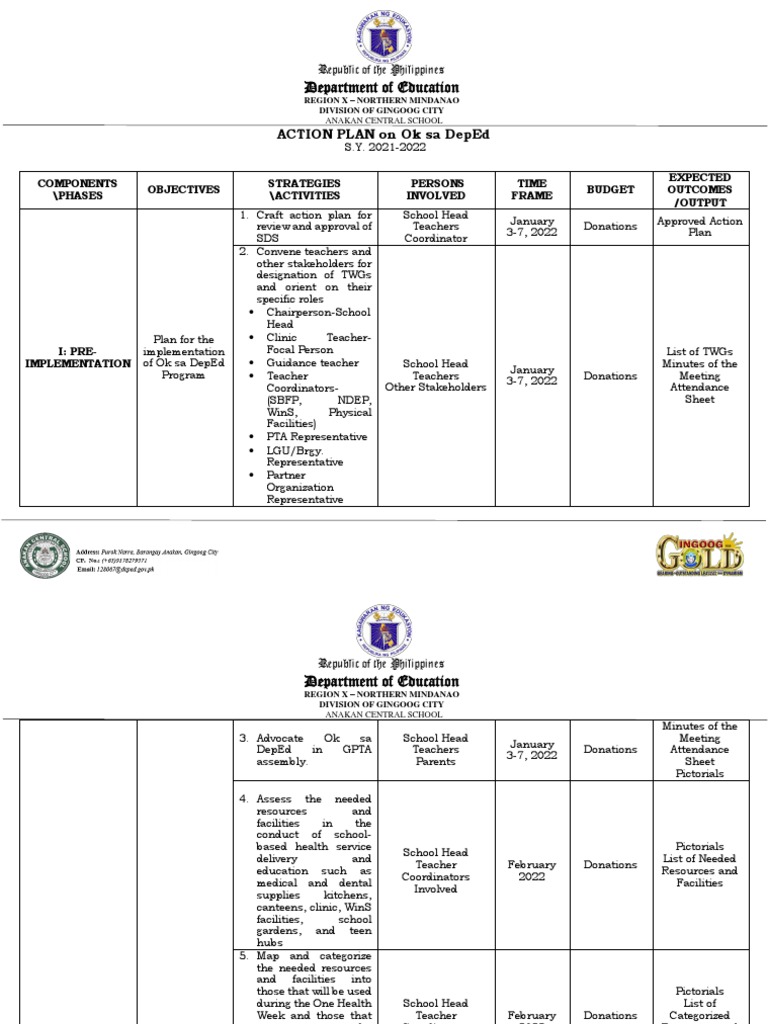 Action Plan for Ok sa DepEd Program | PDF | Health Sciences | Health Care