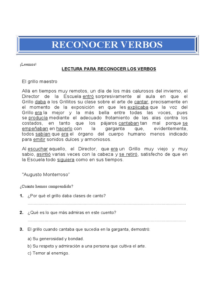 Lectura para Identificar Verbos 4to Grado | PDF | Verbo | Predicado ...
