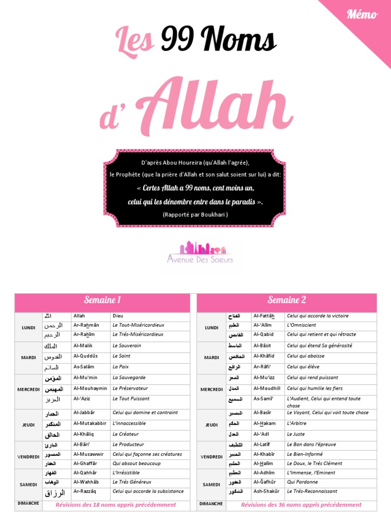 99 Noms d'Allah et leurs Significations | PDF | Doctrines et croyances ...