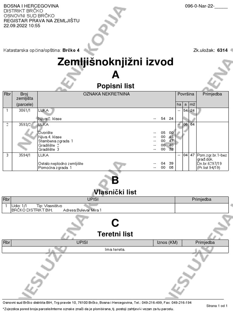 Zemljišnoknjižni Izvod A: Popisni List | PDF