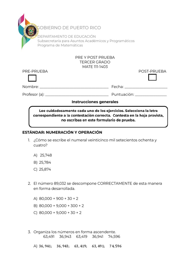 3ro Pre Prueba Tercer Grado 2022 | PDF | Matemáticas