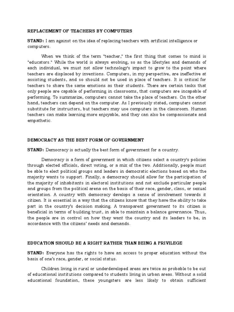 Debatable Topics and Stand | PDF | Teachers | Democracy