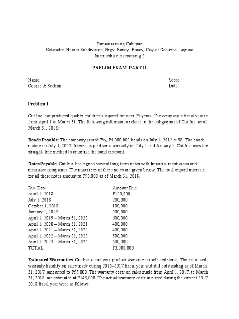 Intermediate Accounting 2 Prelim Exam Part II PDF Free | PDF | Bonds (Finance) | Dividend