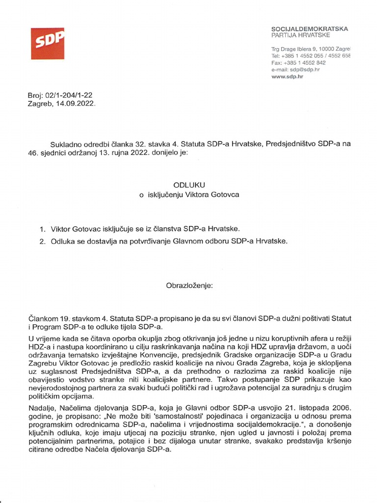 Viktor Gotovac - Odluka Predsjedništva SDP-a | PDF