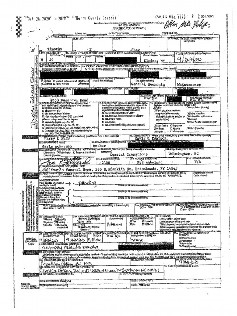 Shaw Death Certificate | PDF