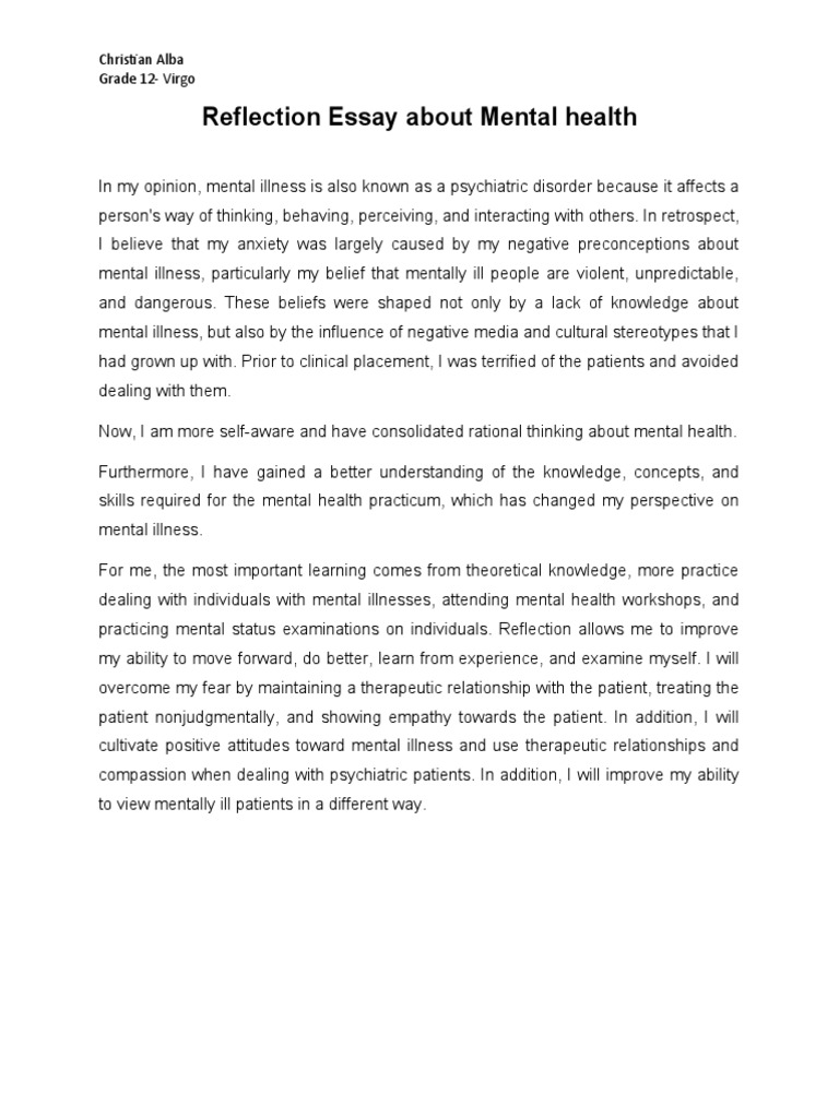 Reflection Essay About Mental Health | PDF | Mental Disorder | Mental ...
