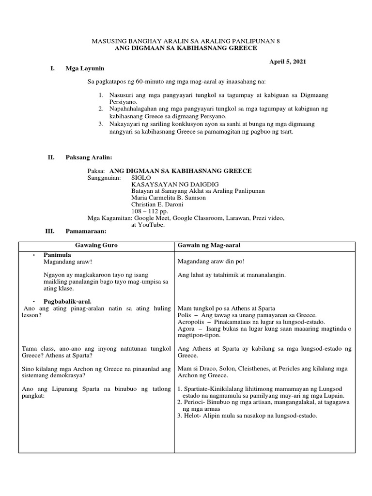 Lesson Plan - Digmaan Sa Kabihasnang Greece | PDF