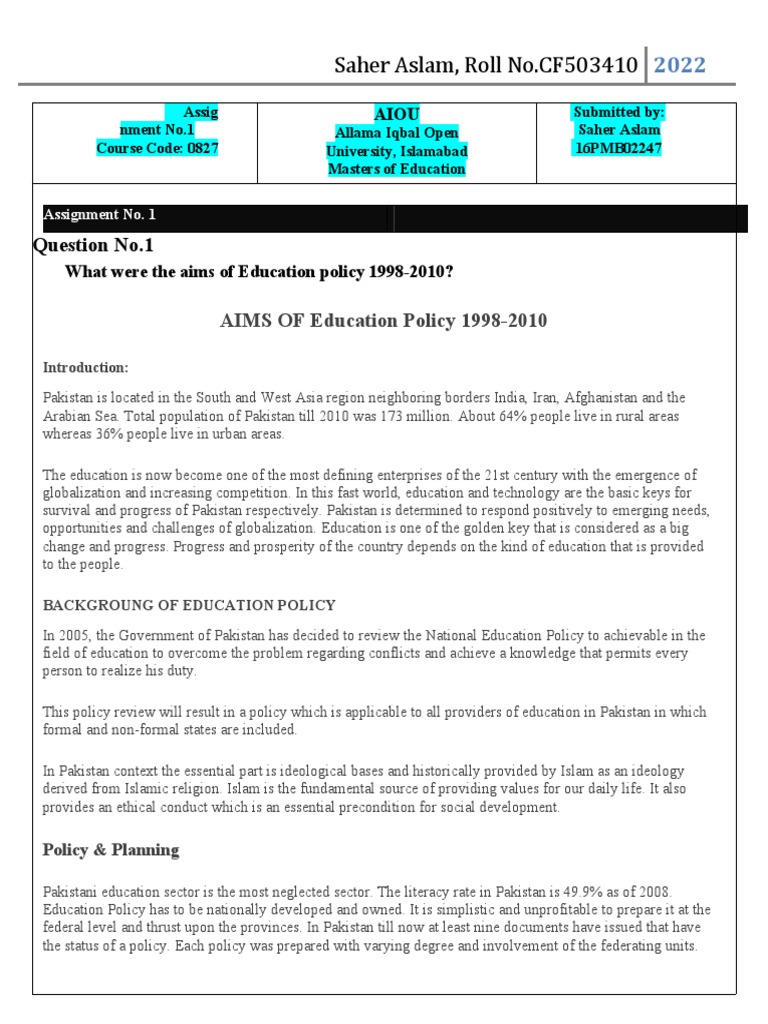 AIOU Assignment 0827 | PDF | Curriculum | Literacy