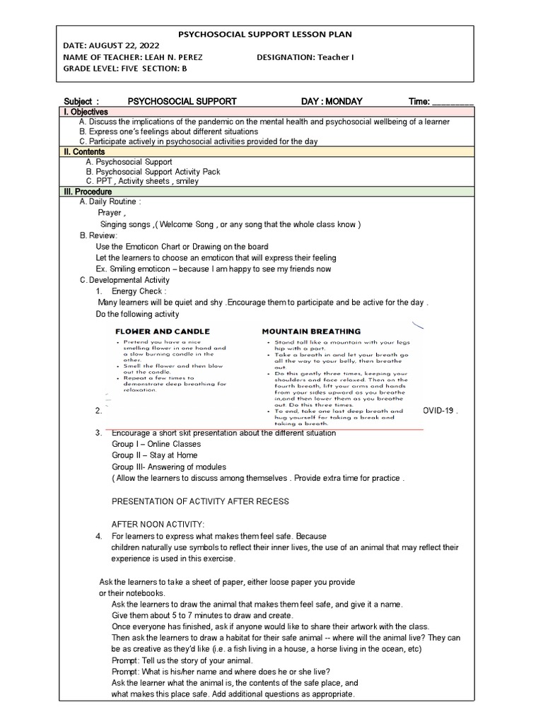 Psychosocial Support Lesson Plan for Grade 5 | PDF | Lesson Plan | Learning