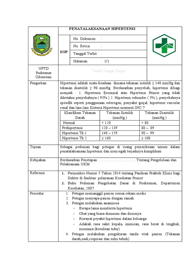 Sop Penatalaksanaan Hipertensi 2022 | PDF