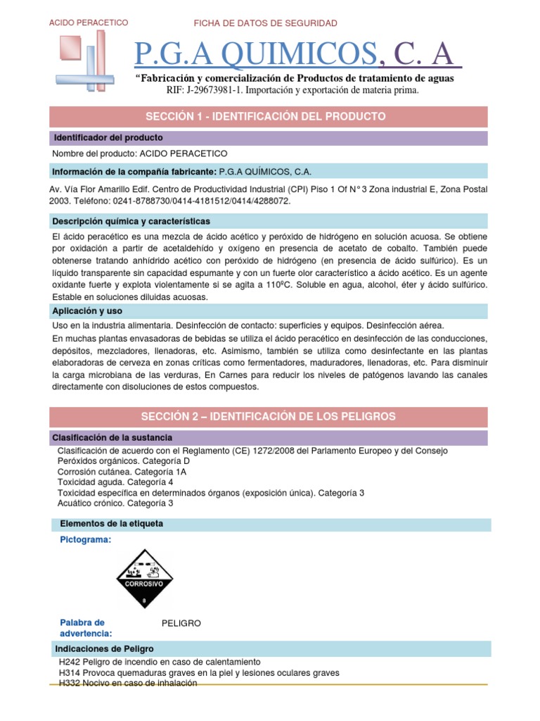 Hoja de Seguridad ACIDO PERACETICO | PDF | Agua | Quemar