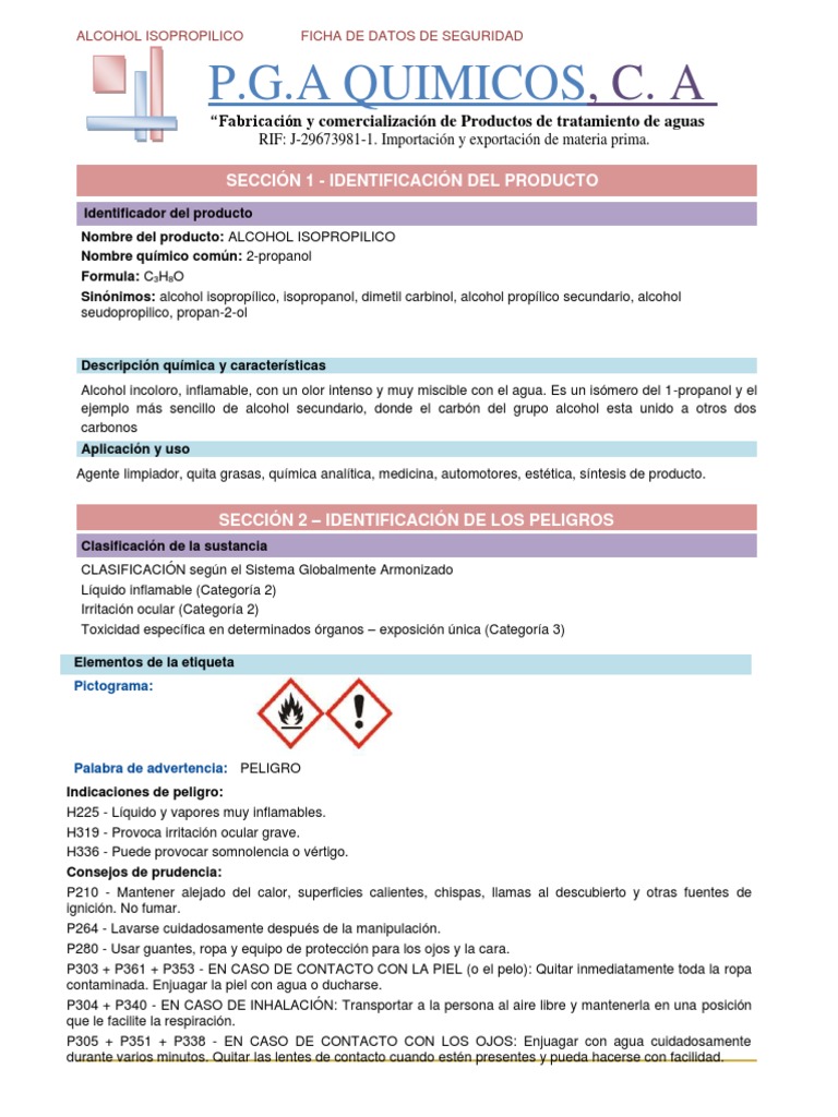 Hoja de Seguridad ALCOHOL ISOPROPILICO | PDF | Agua | Incendios