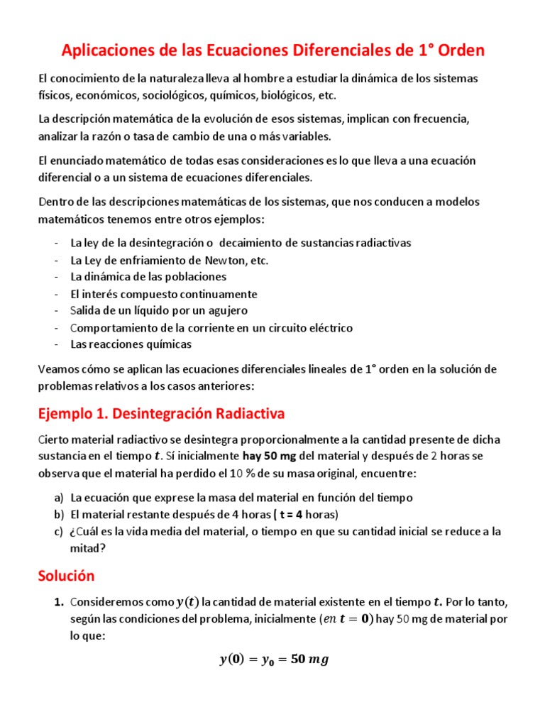Guía #5. Aplicaciones de Las Ecuaciones Diferenciales de Primer Orden | Descargar gratis PDF ...