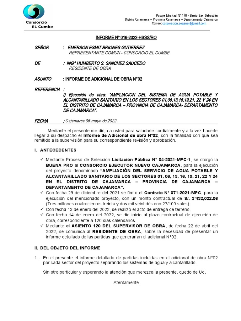 Informe de Adicional de Obra N°16 Ok | PDF | Tubería (transporte de fluidos) | Alcantarillado