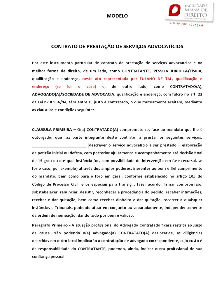Modelo de Contrato de Serviços Advocatícios | PDF | Advogado | Justiça