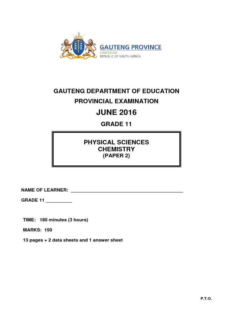 GR 11 Physical Sciences P2 Eng 2016 | PDF | Chemical Bond | Gases