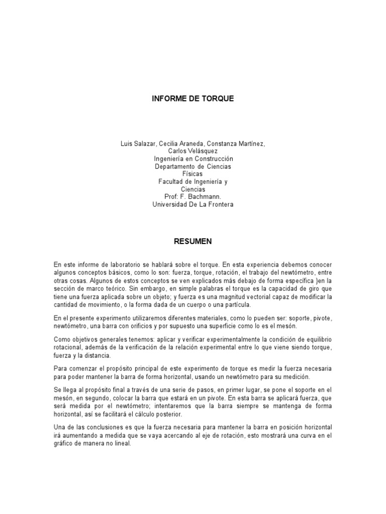INFORME - LABORATORIO N°2 TORQUE | PDF | Fuerza | Esfuerzo de torsión