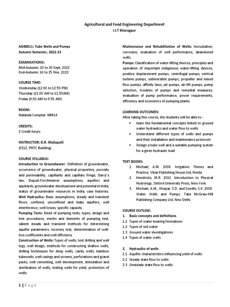 Wells and Pumps Course Syllabus | PDF | Pump | Aquifer