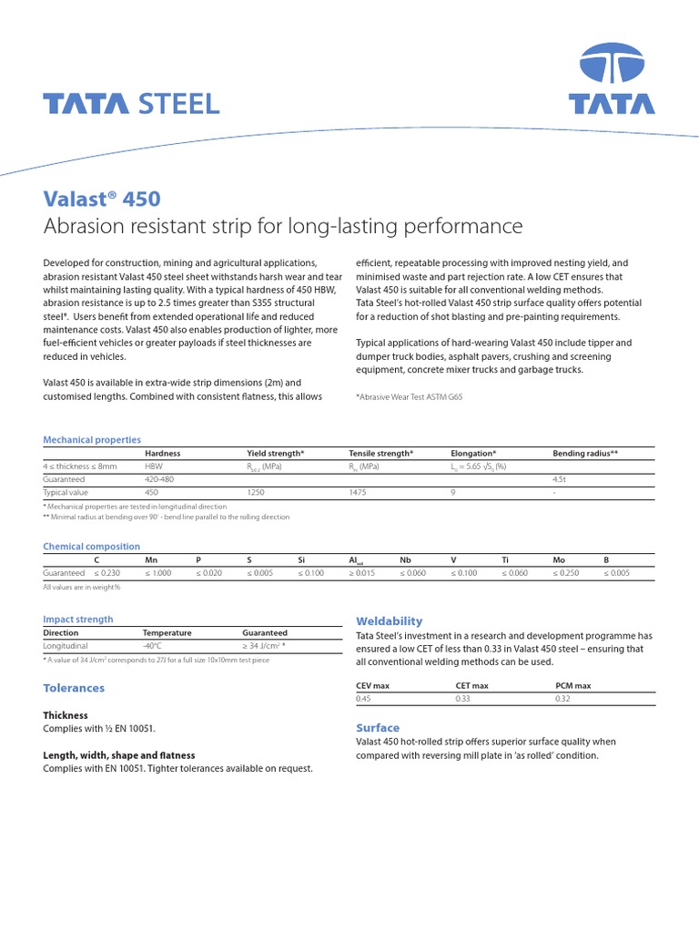Tata Steel Valast 450 Valast450 Abrasion Resistant Ar Ar450 Datasheet ...