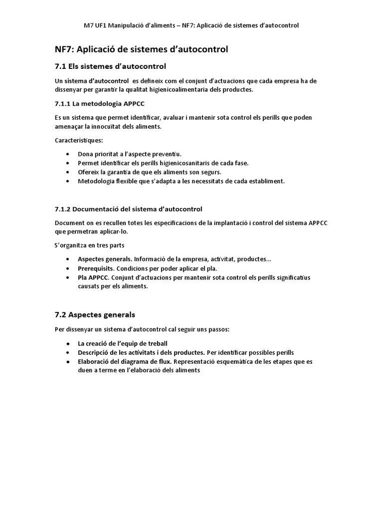 UF1 NF7 Aplicació de Sistemes D'autocontrol | PDF