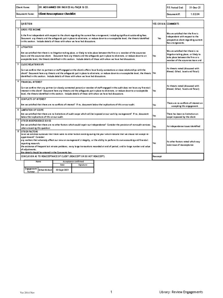 Client Reacceptance Checklist - DR - Fagih | PDF | Audit | Conflict Of ...