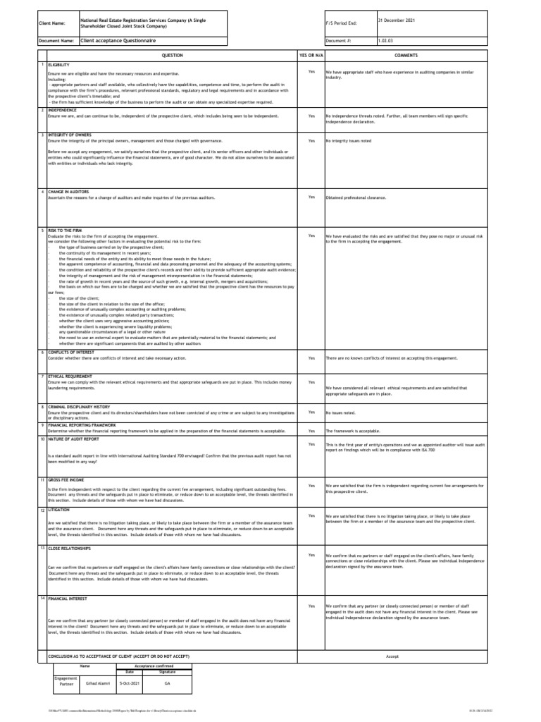 Client Acceptance Checklist for NRERSC | PDF | Financial Audit | Audit