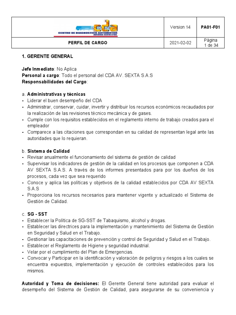 Pa01-F01 Perfil de Cargo y Competencias V14 | PDF | Sistema de manejo de calidad | Calidad ...
