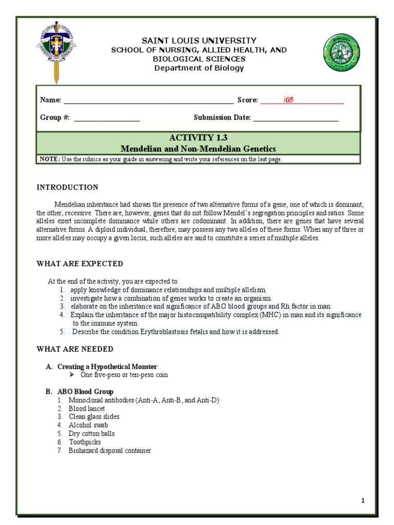 MOL GEN Lab Activity 1.3-Mendelian and Non-Mendelian Genetics | PDF ...