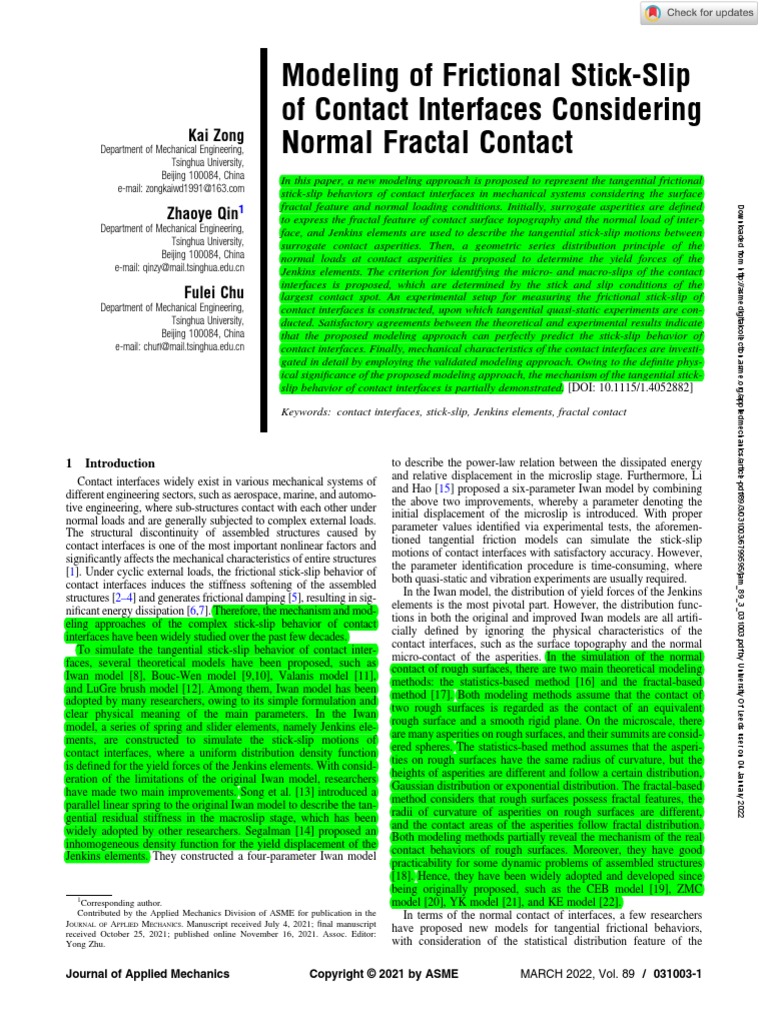 2022-Modeling of Frictional Stick-Slip of Contact Interfaces Considering Normal Fractal Contact ...