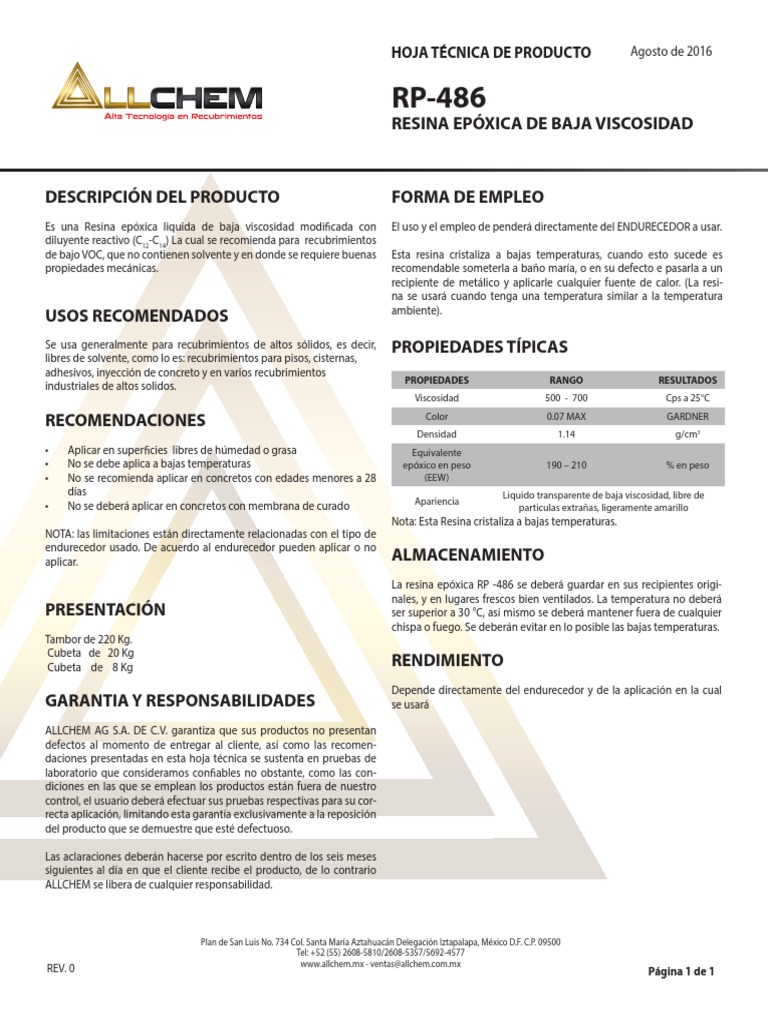 Ficha Técnica de Resina Epóxica RP-486 | PDF | Epoxy | Líquidos
