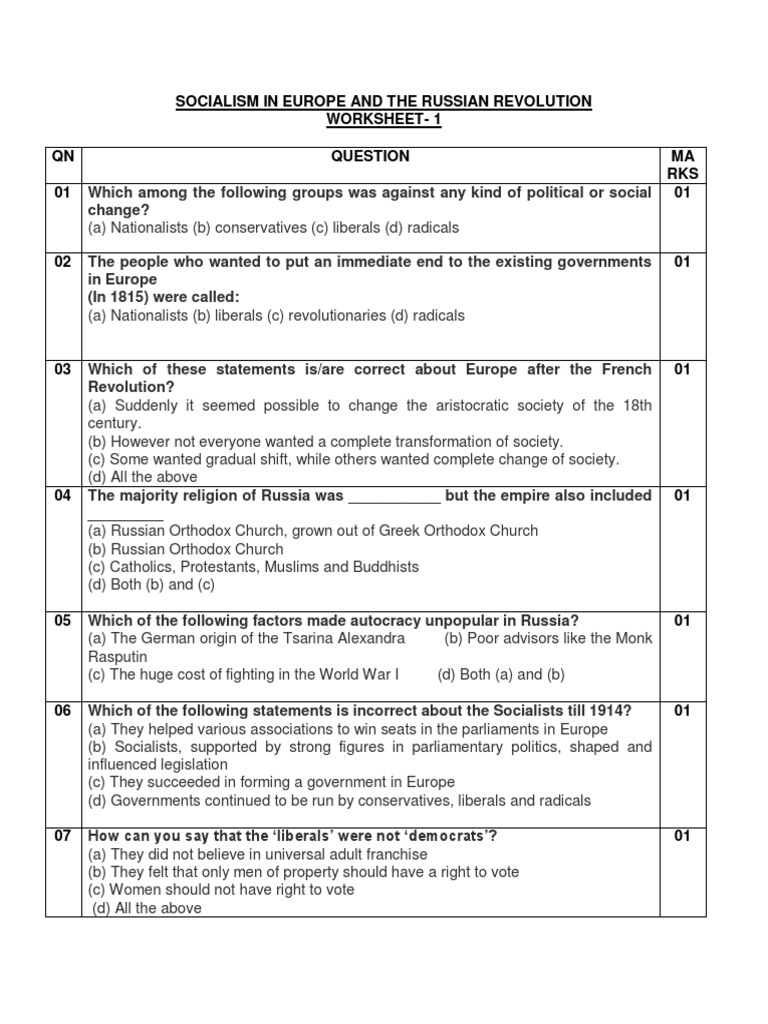 Socialism & Russian Revolution Worksheet | PDF | Russian Revolution ...