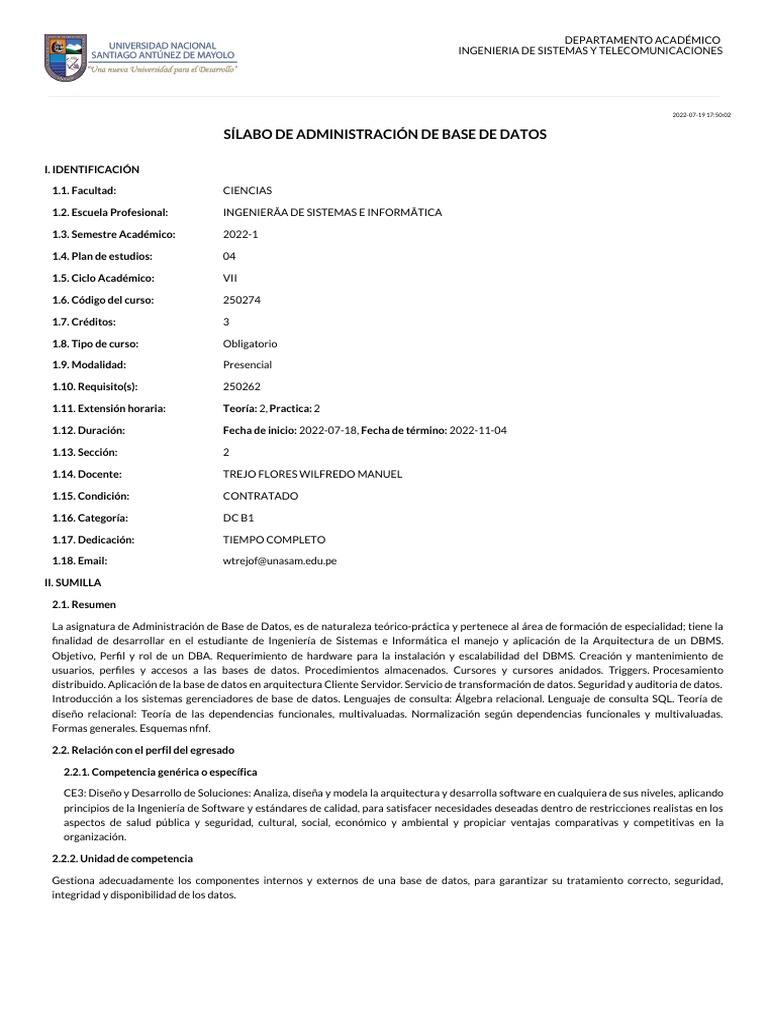 Silabo TREJO FLORES WILFREDO MANUEL - ADMINISTRACIÓN DE BASE DE DATOS ...
