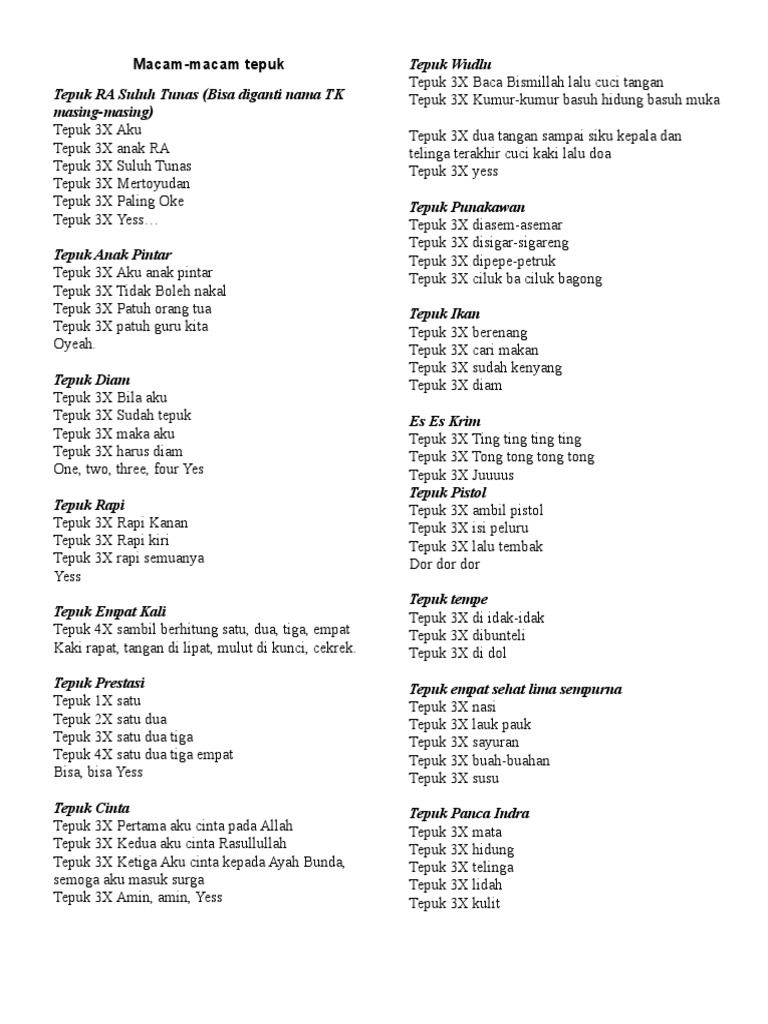 Macam Tepuk | PDF | Seni & Disiplin Bahasa