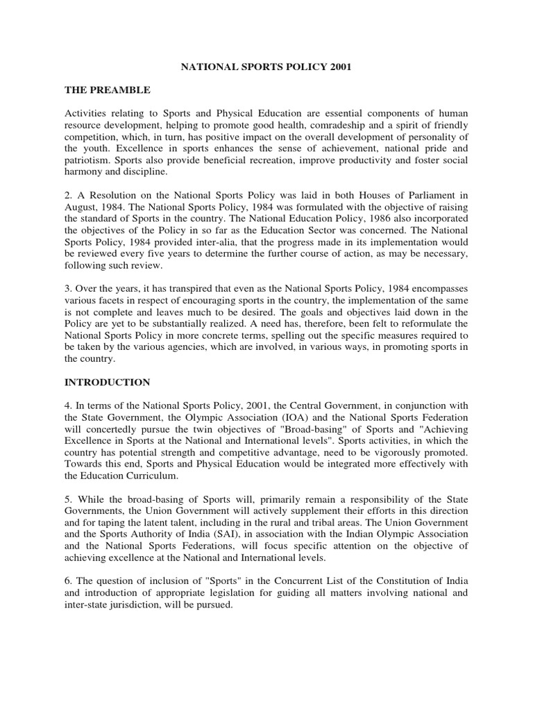 National Sports Policy for Youth | PDF | Sports | Tourism
