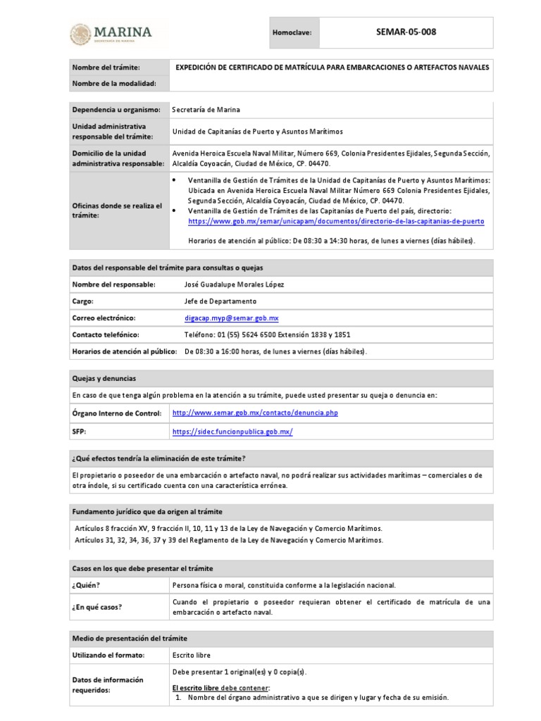 Certificado Matrícula Embarcaciones SEMAR | PDF | México | Justicia