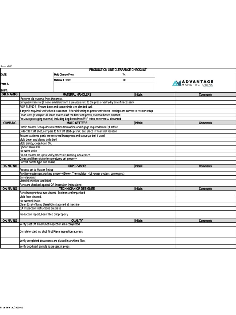 Line Clearance Checklist | PDF | Mechanical Engineering | Manufactured ...