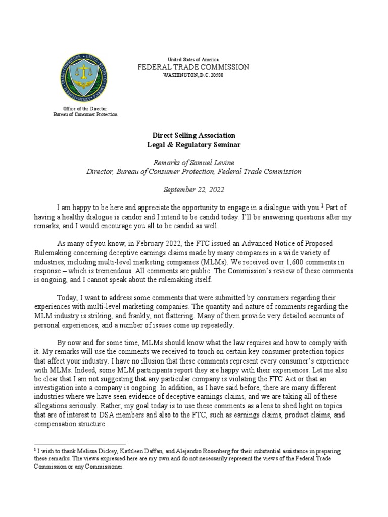 FTC To The DSA Legal & Regulatory Seminar | PDF | Multi Level Marketing ...