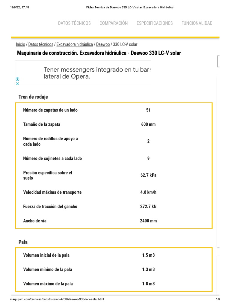 2.ficha Técnica de Daewoo 330 LC-V Solar. Excavadora Hidráulica | PDF ...