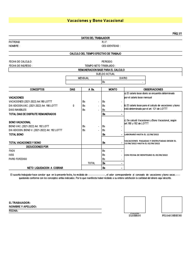 Modelo Recibo de Pago de Vacaciones y Bono | PDF | Salario ...