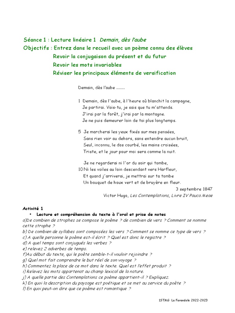 Analyse du poème "Demain, dès l'aube" | PDF | Poésie | Linguistique
