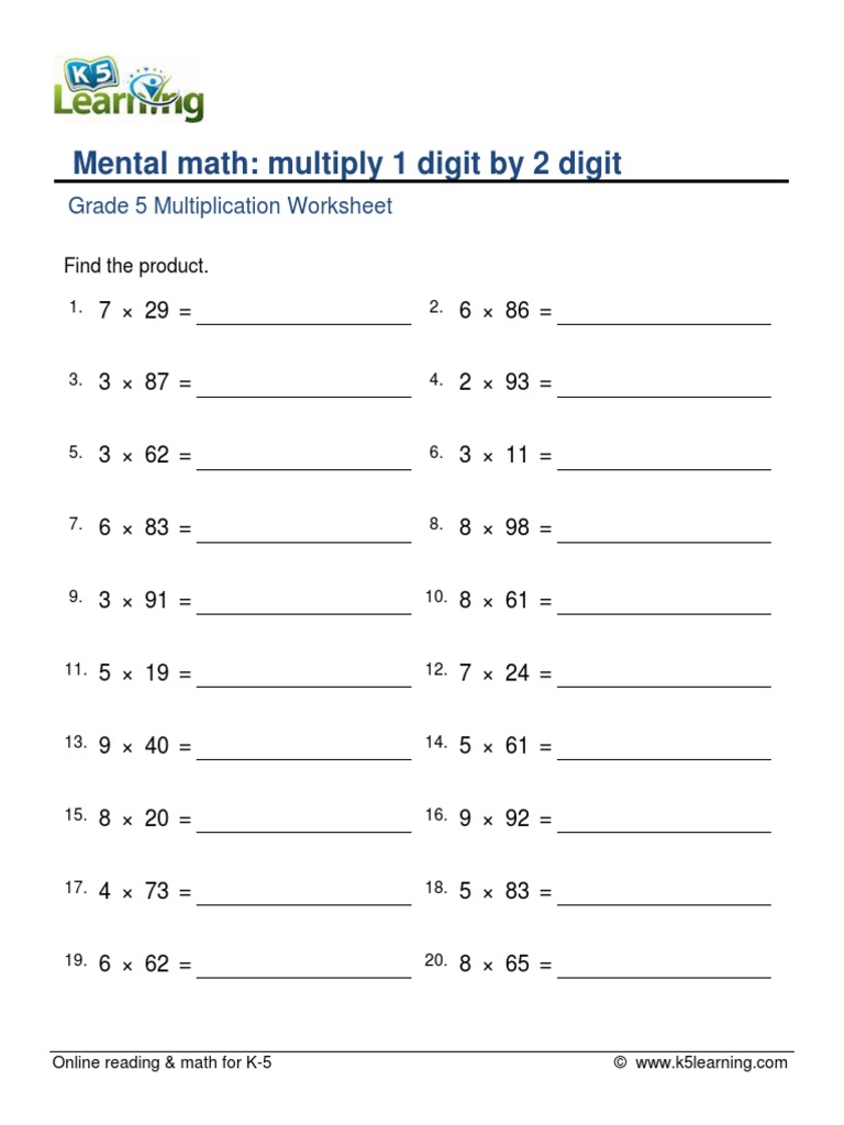 Grade 5 Multiply 1 Digit by 2 Digit B | PDF